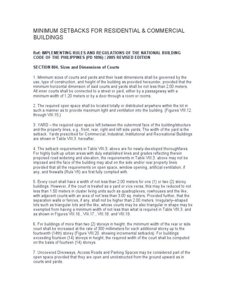 Minimum Setbacks For Residential & Commercial Buildings | PDF