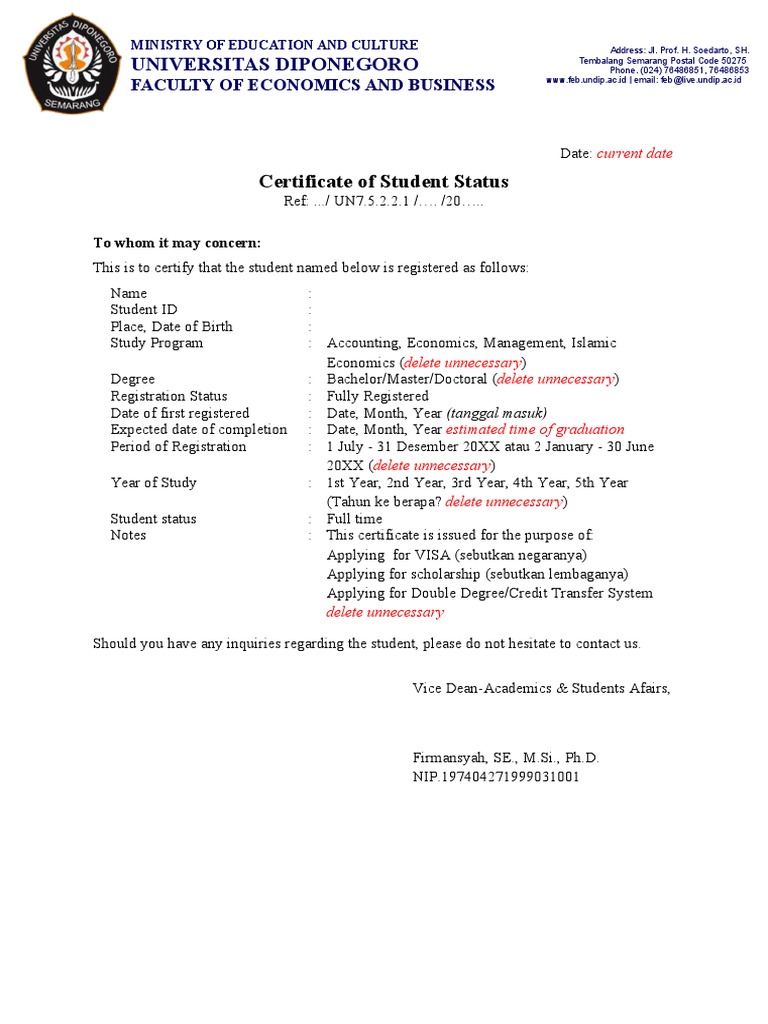 Universitas Diponegoro: Certificate of Student Status | PDF