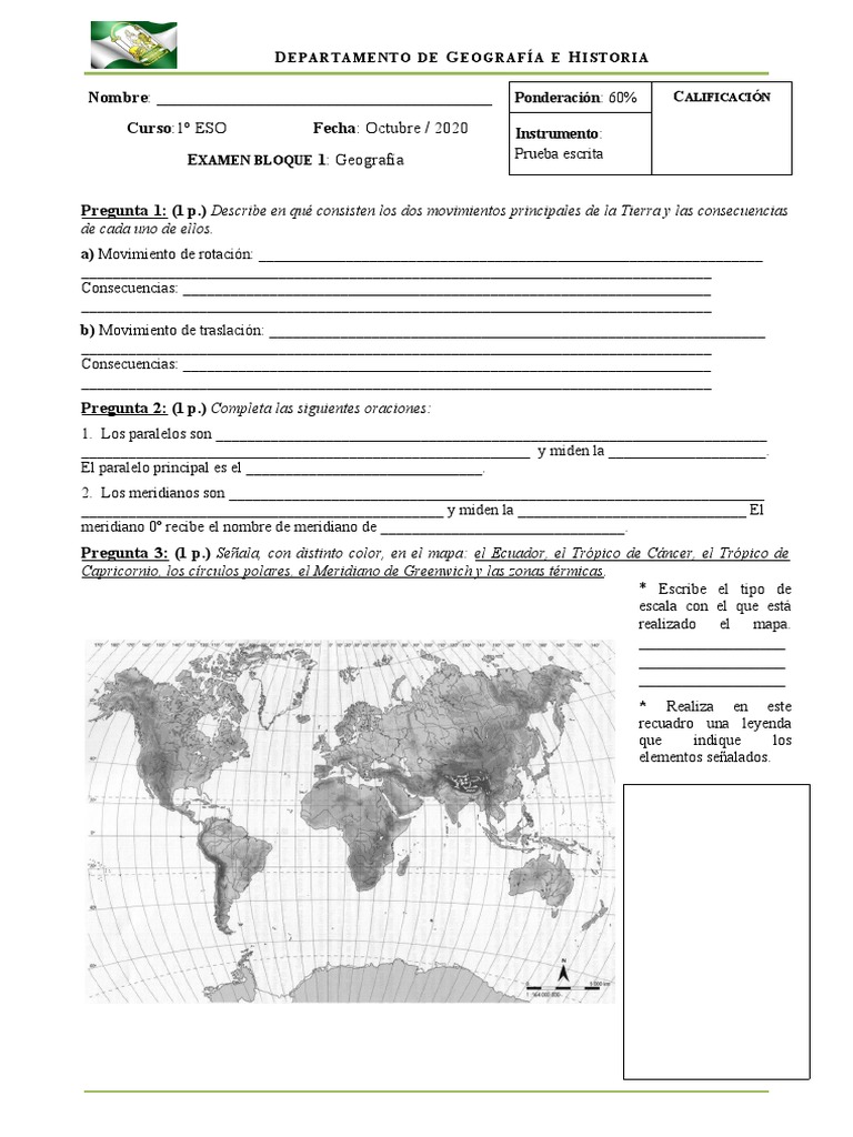 Examen Geografía 1º ESO Octubre 2020 | PDF | Tierra | Geografía