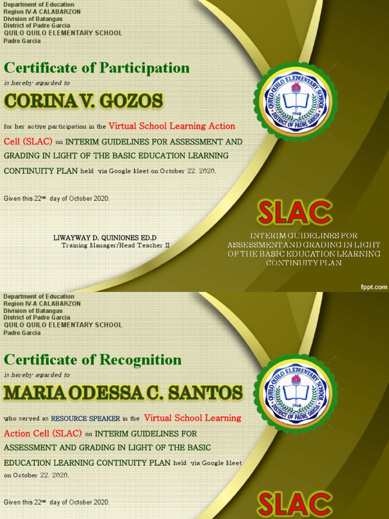 Certificates - SLAC-INTERIM GUIDELINES FOR ASSESSMENT AND GRADING IN ...