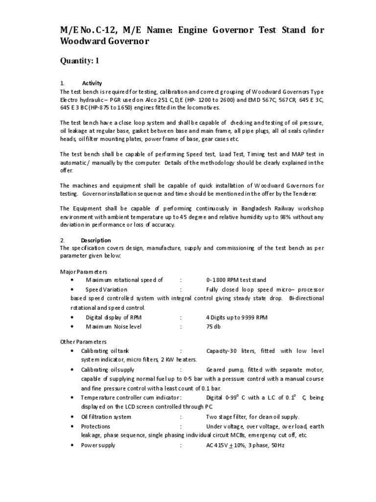 Woodward Governor Test Stand Specifications | PDF | Machines | Calibration