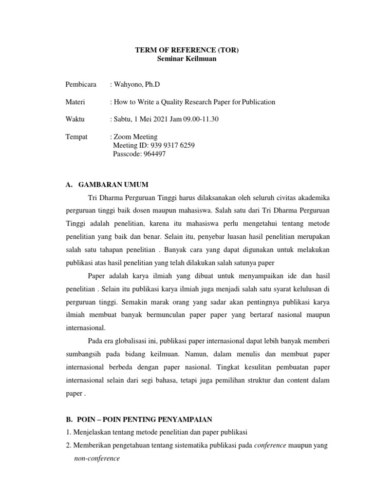 TERM OF REFERENCE (TOR) Seminar Keilmuan | PDF