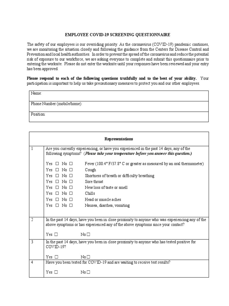 Employee Covid-19 Screening Questionnaire: (Please Take Your ...