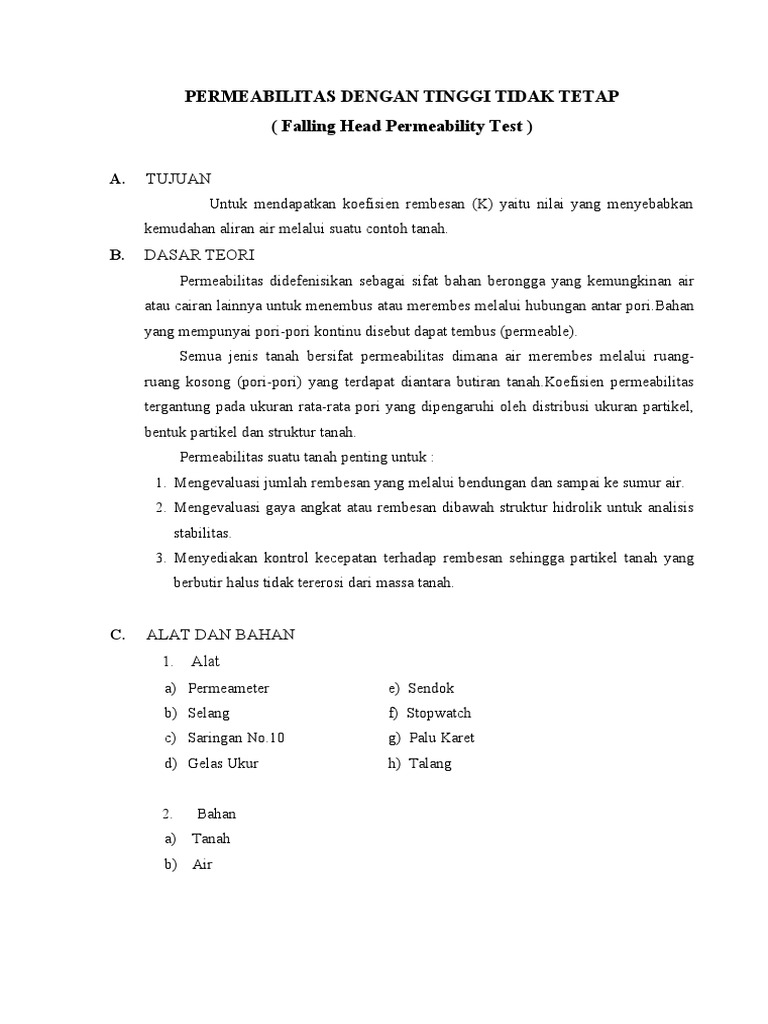 Laporan Permeabilitas Dengan Metode Falling Head | PDF