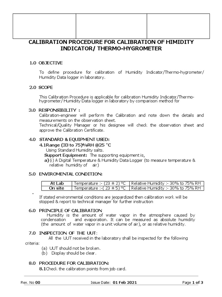 Calibration Procedure For Calibration of Himidity Indicator/ Thermo ...