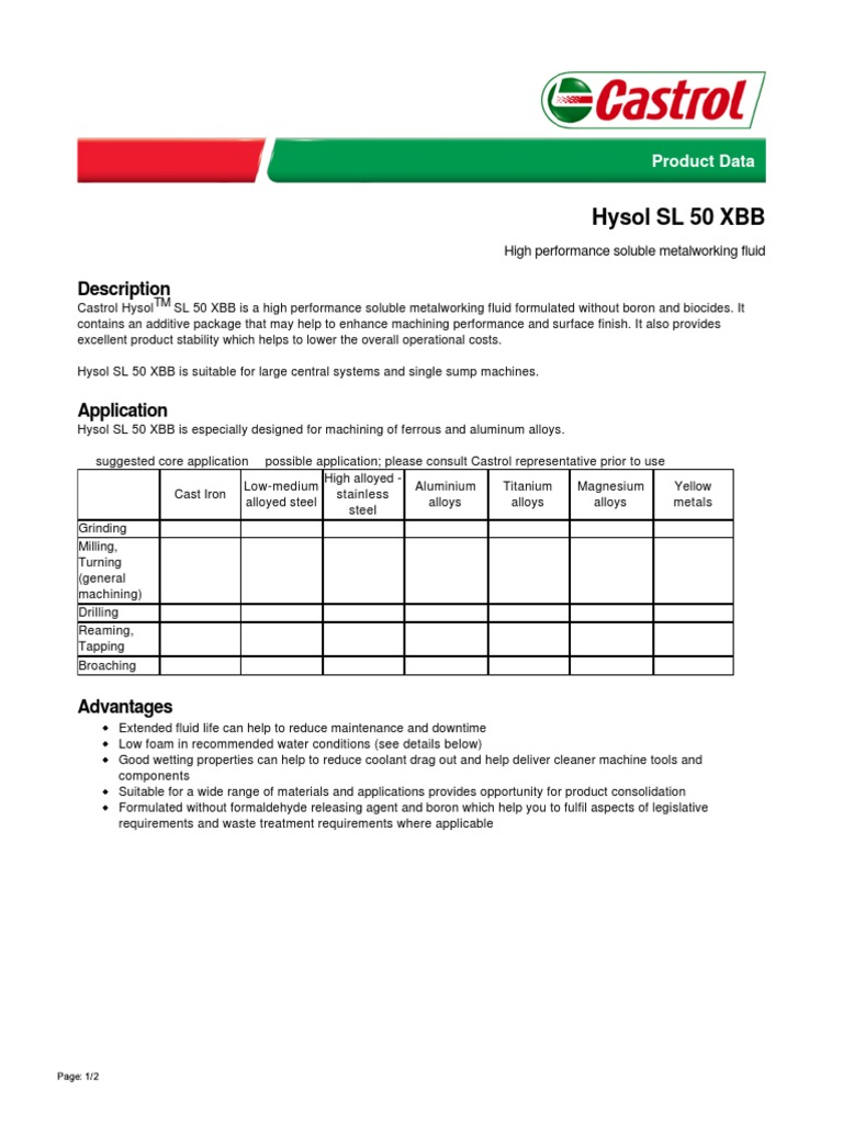 CASTOL - Hysol SL 50 XBB - High Performance Soluble Metalworking Fluid | PDF | Metalworking | Alloy