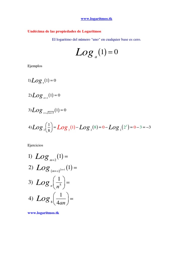 Hoja De Trabajo Sobre Las Propiedades De Los Logaritmos