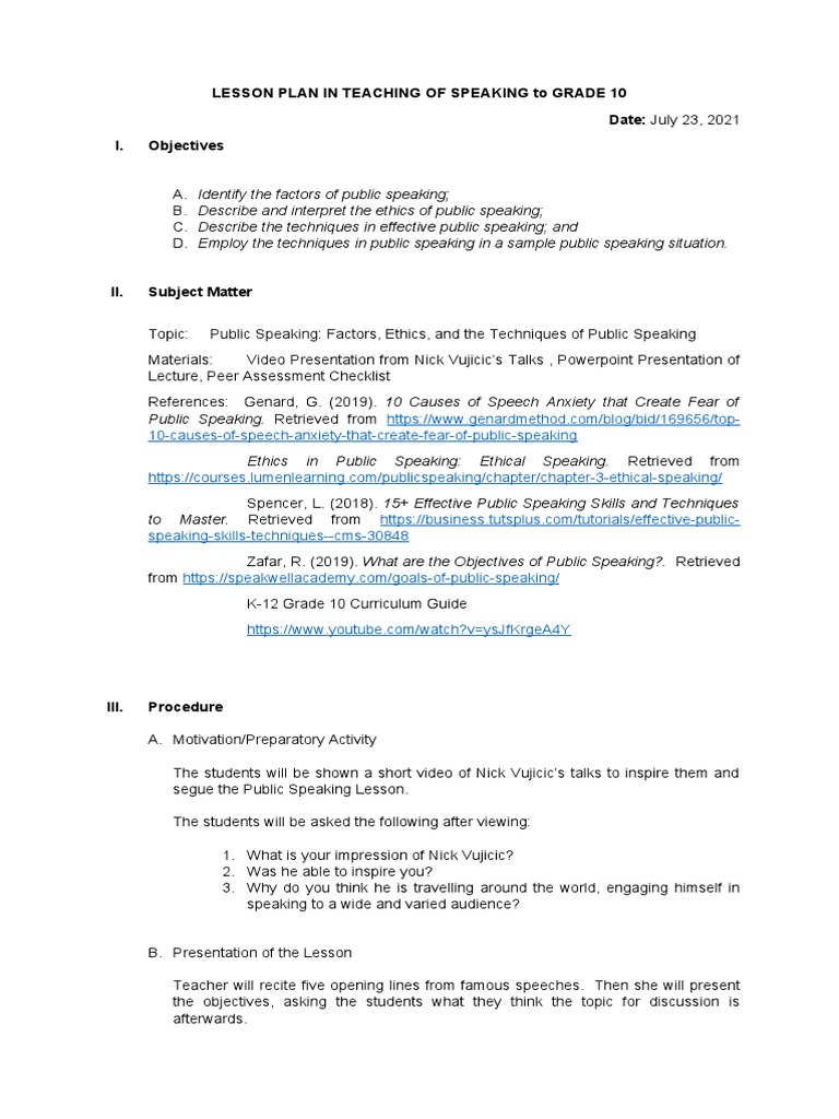 Prelim Project Lesson Plan | PDF | Public Speaking | Lesson Plan