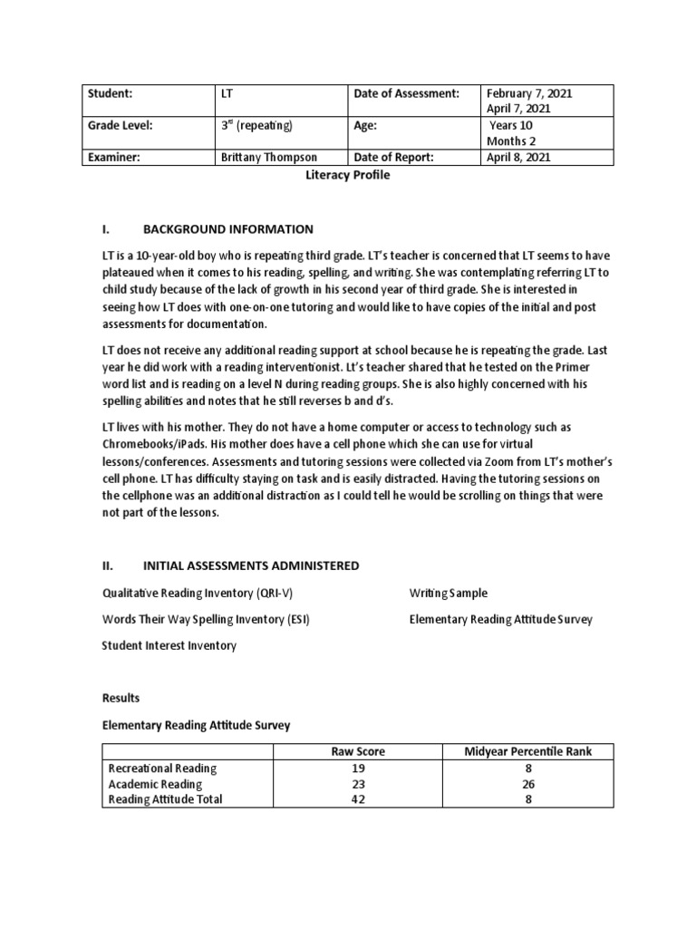 Literacy Profile: Student: Date of Assessment: Grade Level: Age ...