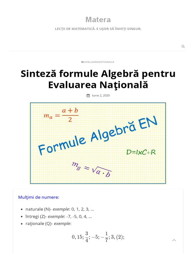 Sinteza Formule Algebra Pentru Evaluarea Nationala | PDF