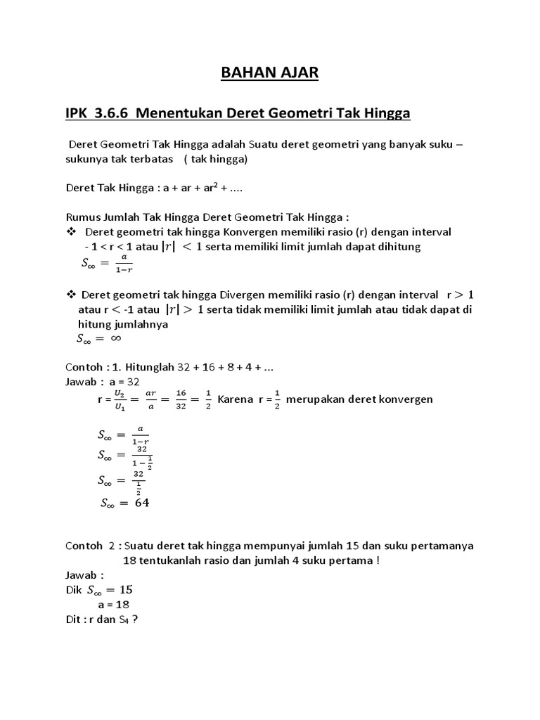 Bahan Ajar Deret Geometri Tak Hingga | PDF