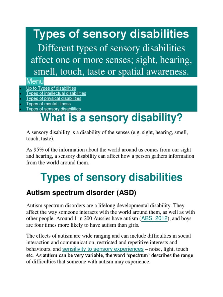 Types of Sensory Disabilities | PDF | Visual Impairment | Autism