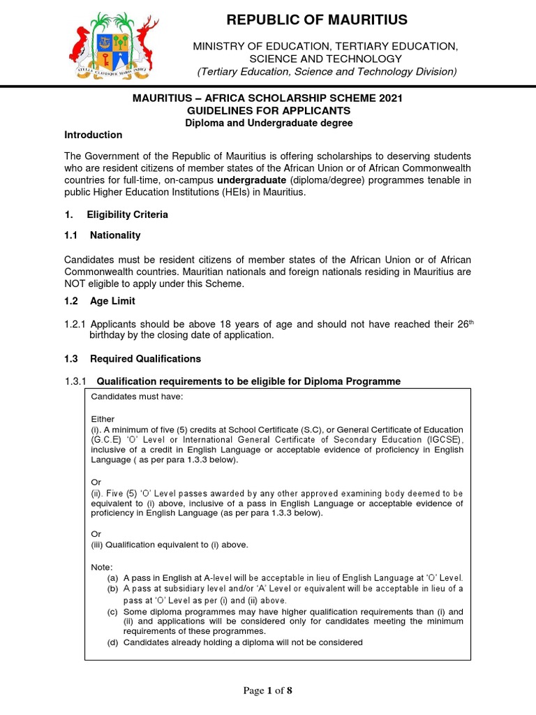 Republic of Mauritius: Mauritius - Africa Scholarship Scheme 2021 ...
