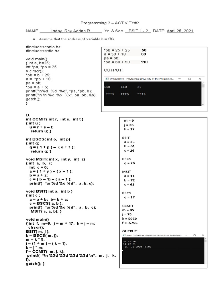 Activity#2 Logic Tracing Pointers Function Arrays Programming 2 | PDF ...