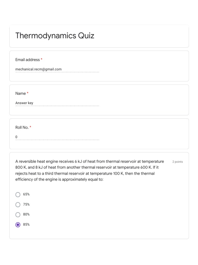 Thermodynamics Quiz and Answer Key | PDF | Heat | Heat Pump