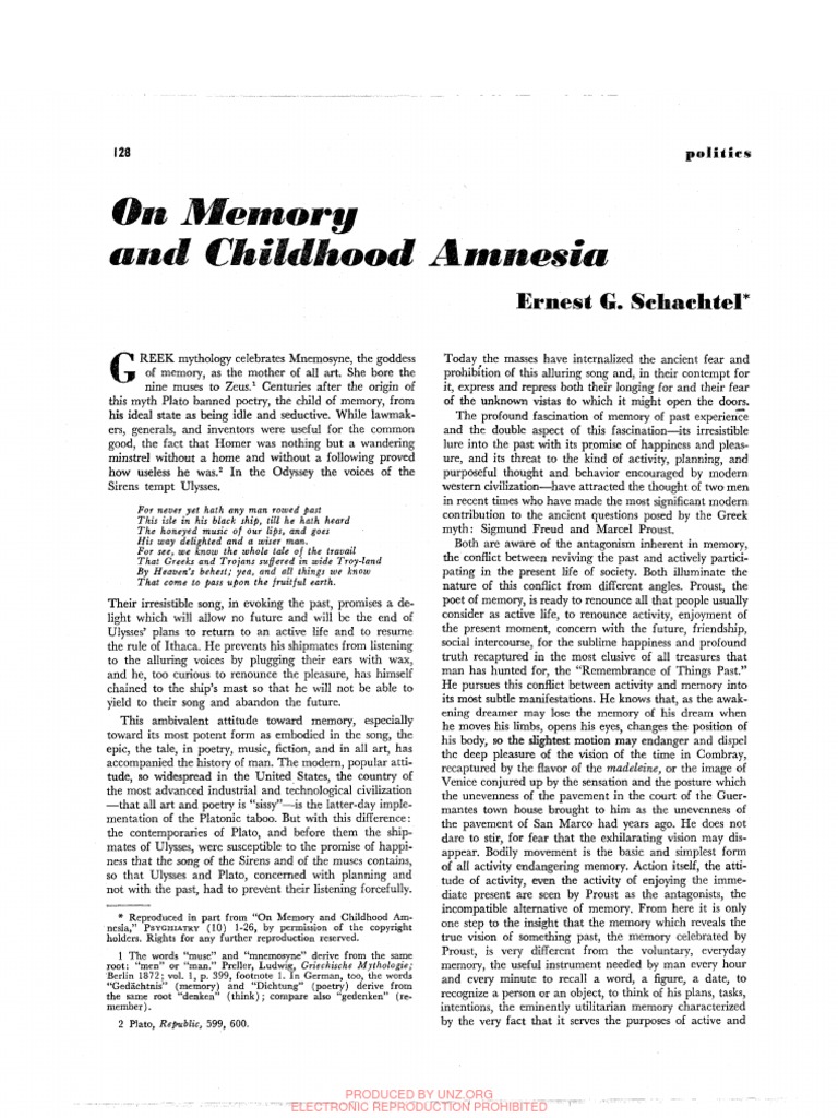 Schachtel On Memory and Childhood Amnesia Politics 1948 | PDF | Memory | Perception