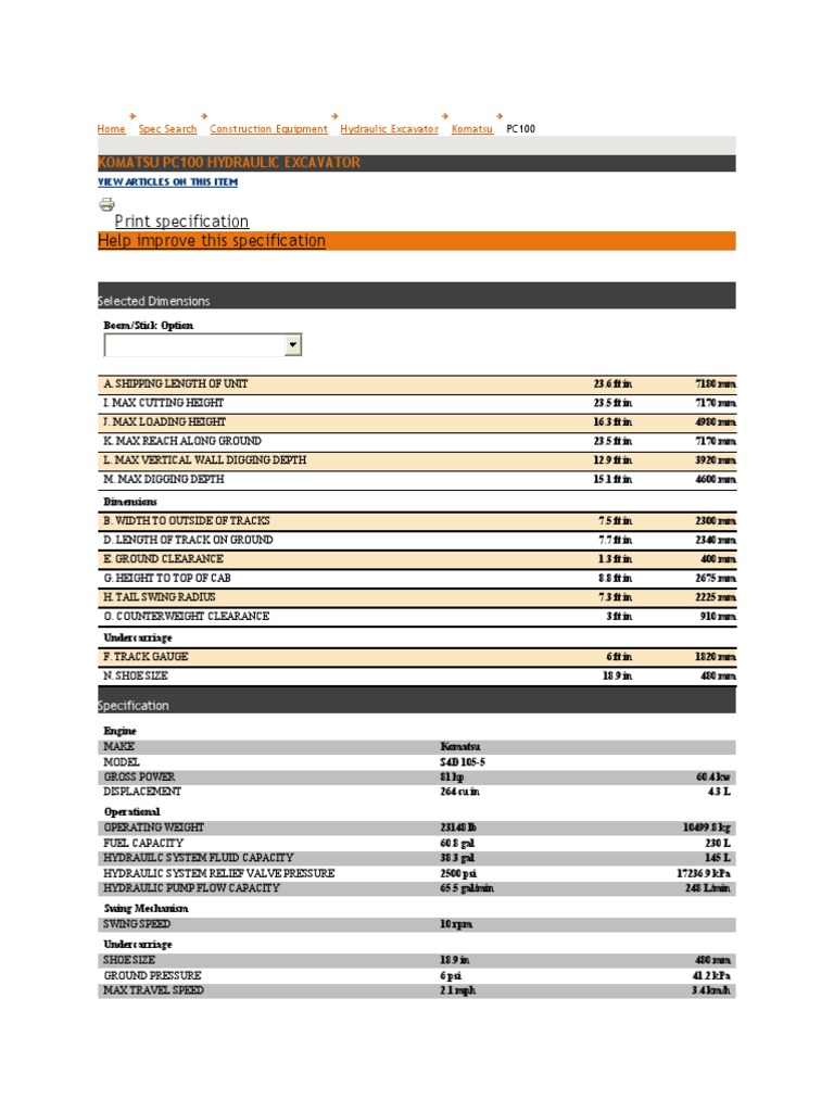 Print Specification Help Improve This Specification: Komatsu Pc100 ...