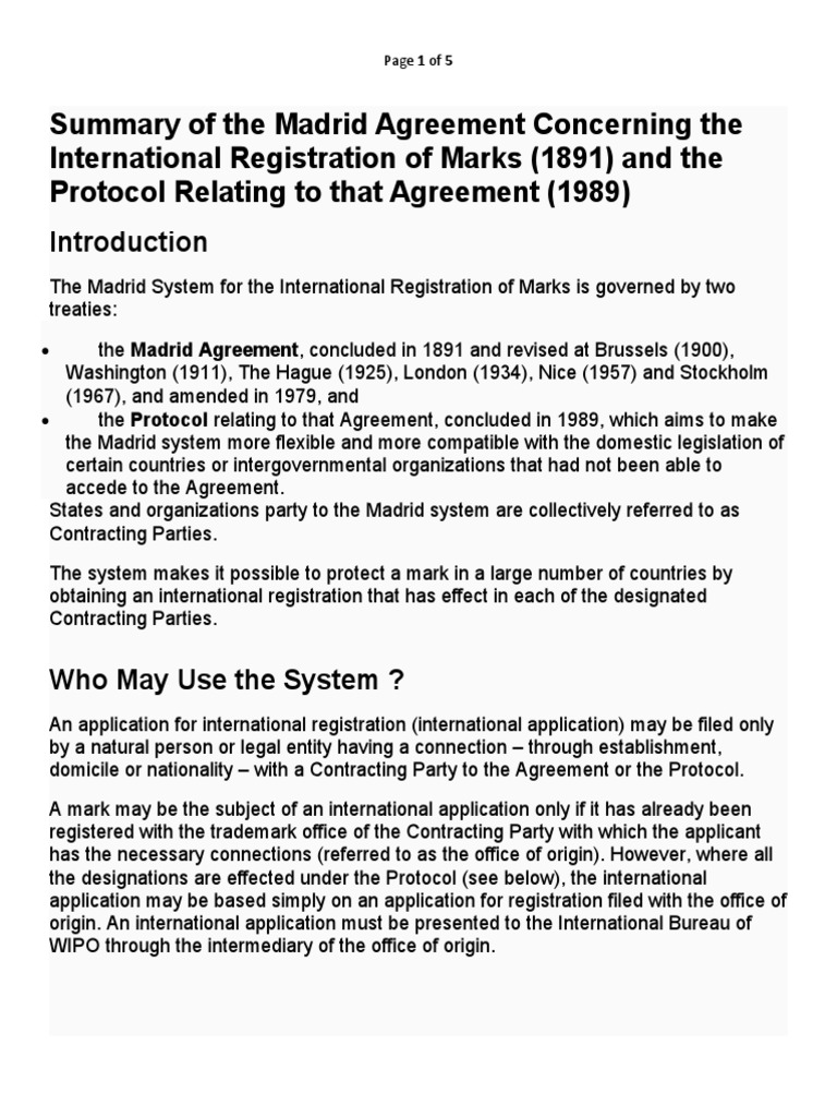 Summary of The Madrid Agreement Concerning The International ...