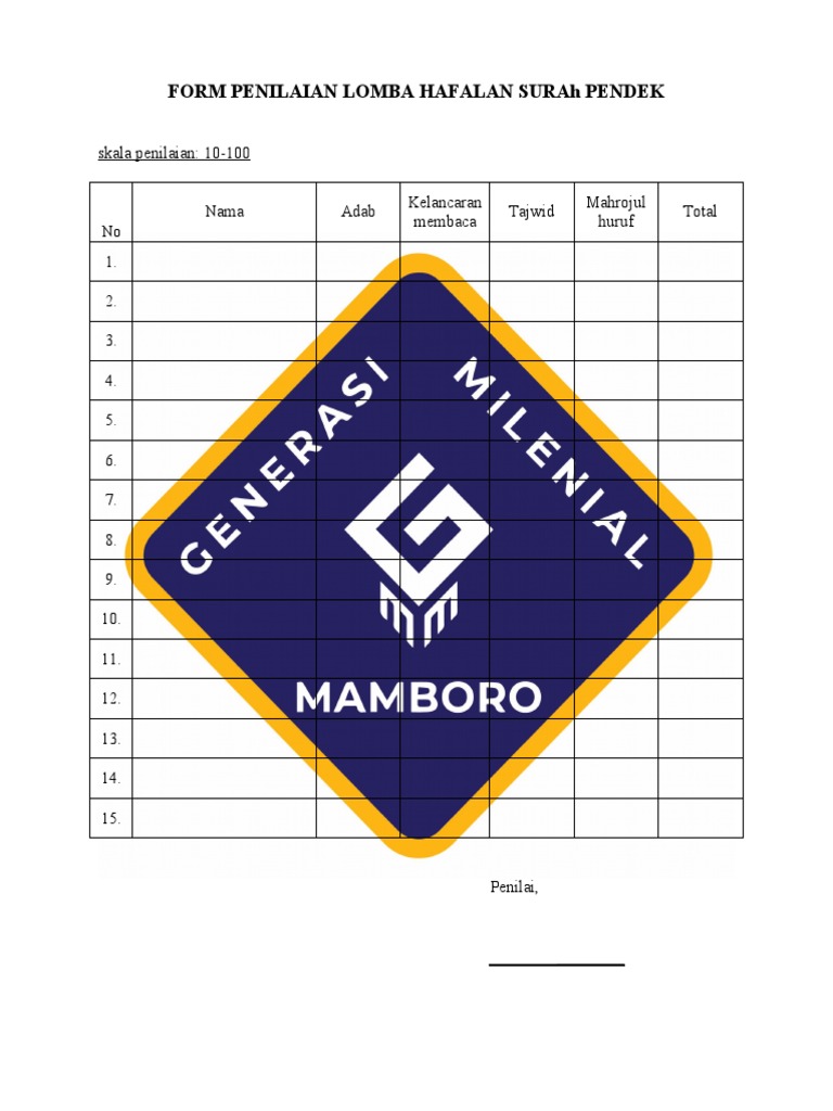 Form Penilaian Lomba Hafalan Surat Pendek | PDF