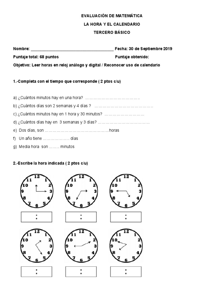Prueba La Hora y El Calendario | PDF | Juegos y actividades