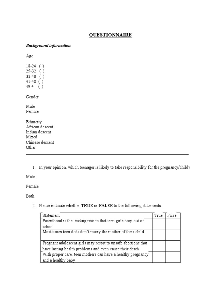 Teen Pregnancy Questionnaire | PDF | Teenage Pregnancy | Adolescence