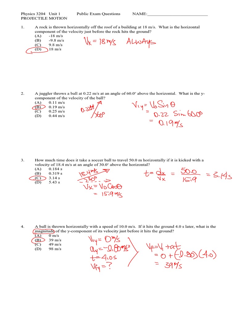 Physics 3204 Public Exam Questions Unit 1 Answers Projectiles | PDF ...