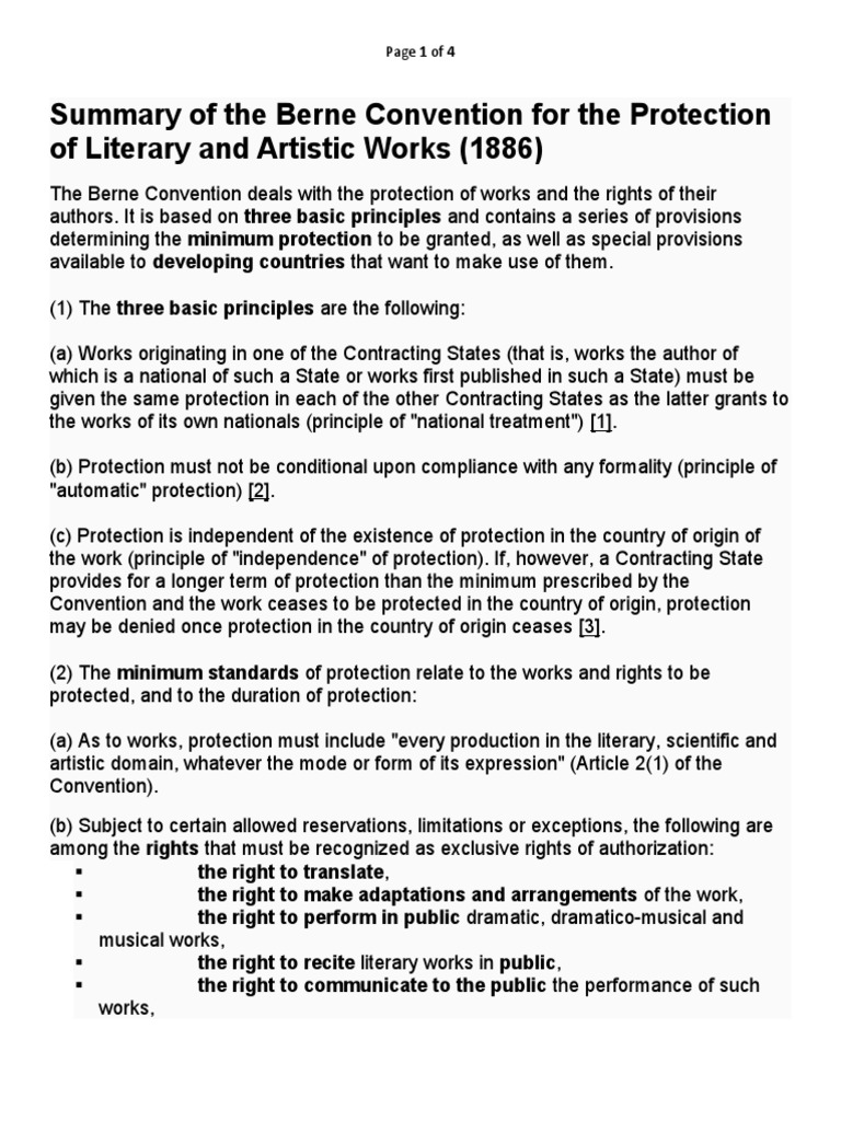 Summary of The Berne Convention For The Protection of Literary and ...