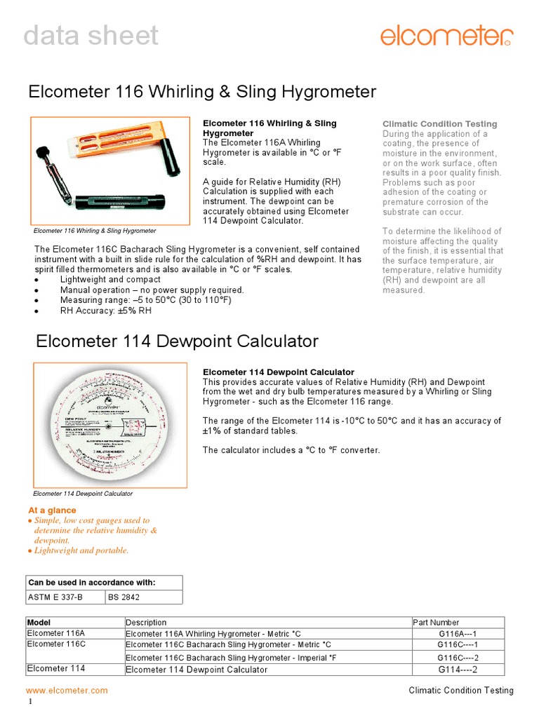 Data Sheet: Elcometer 116 Whirling & Sling Hygrometer | PDF | Relative Humidity | Atmospheric ...