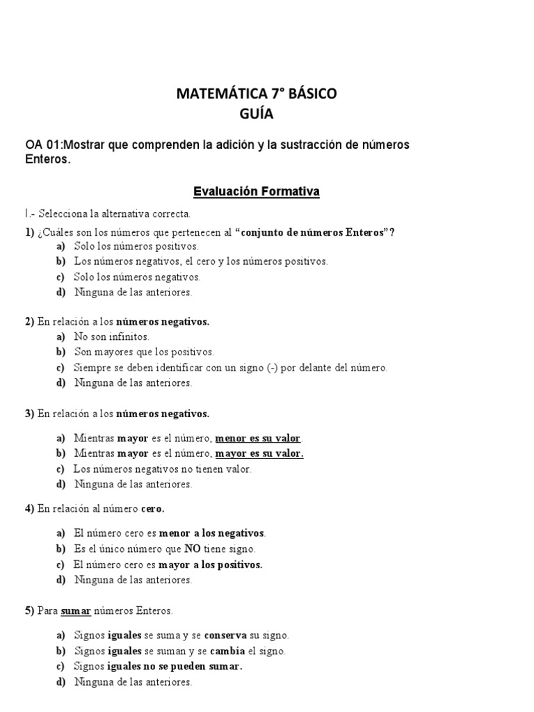 Matemática Guía N°7 | Descargar gratis PDF | Entero | Sustracción