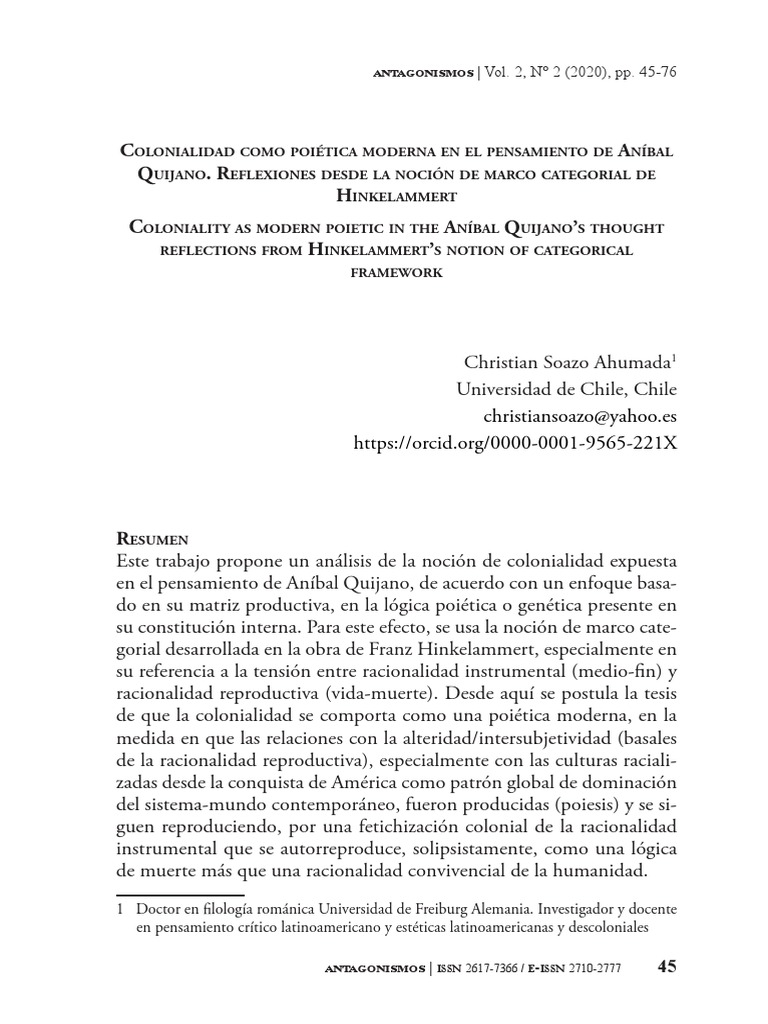Colonialidad Como Poiética Moderna en El Pensamiento de Aníbal Quijano ...