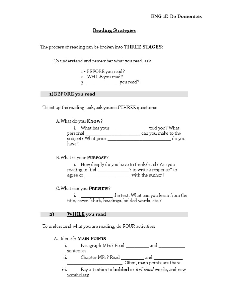 Reading Strategies Skeleton Note | PDF | Art | Self-Improvement