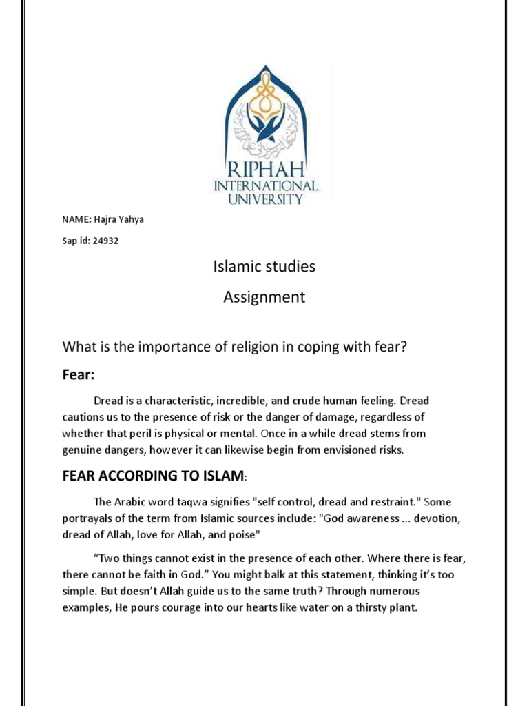 Islamic Studies Assignment: What Is The Importance of Religion in Coping With Fear? | Download ...