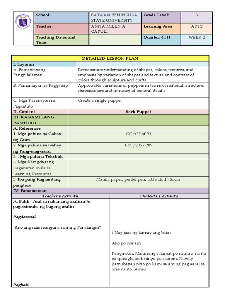 Arts Lesson Plan For Demo Teaching | PDF