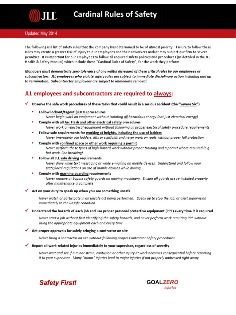 JLL Cardinal Rules of Safety | PDF | Safety | Workplace
