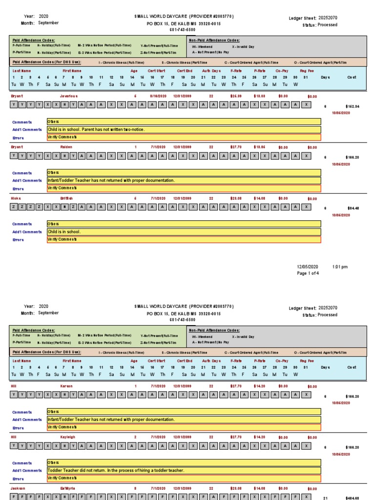 Year: Month: Ledger Sheet: Status: Processed Small World Daycare ...