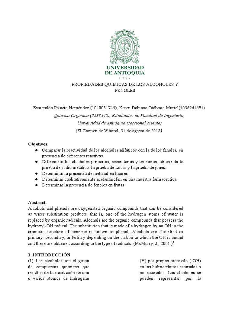 Propiedades Químicas de Los Alcoholes y Fenoles | PDF | Alcohol | Ácido