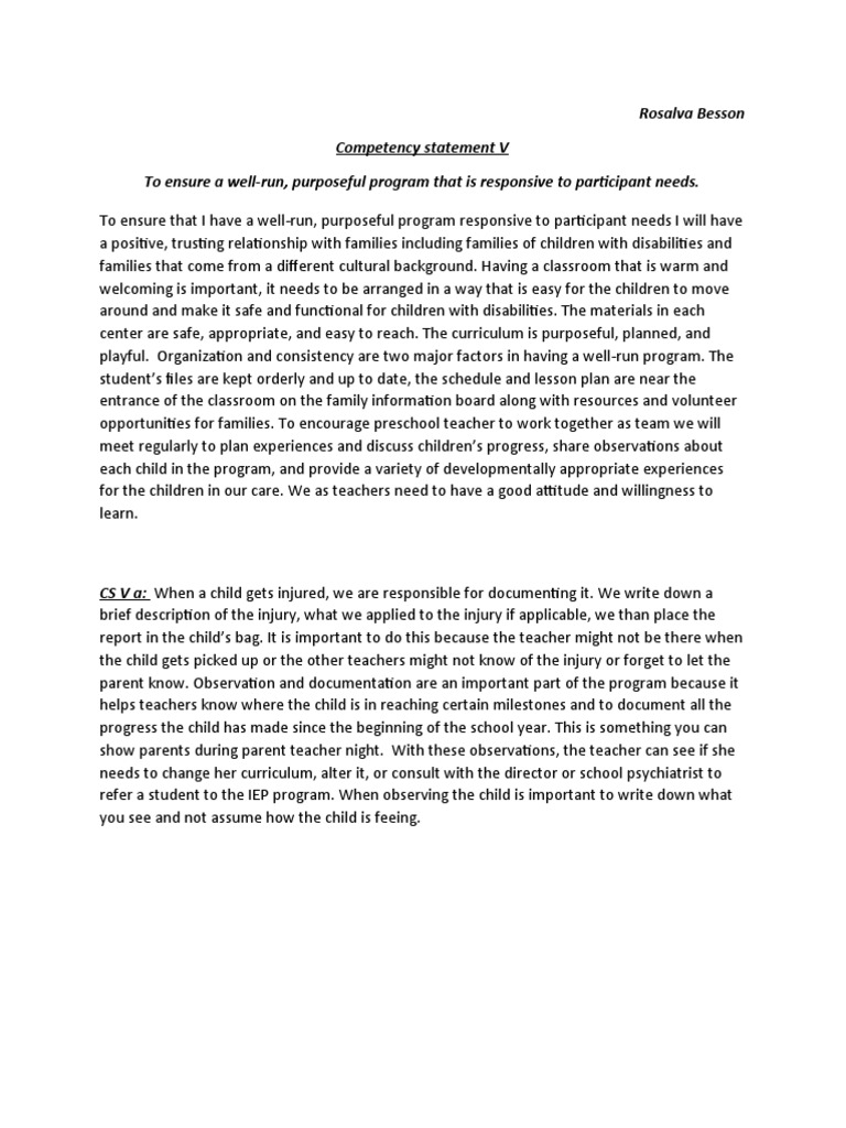 Rosalva Besson Competency Statement V To Ensure A Well-Run, Purposeful ...