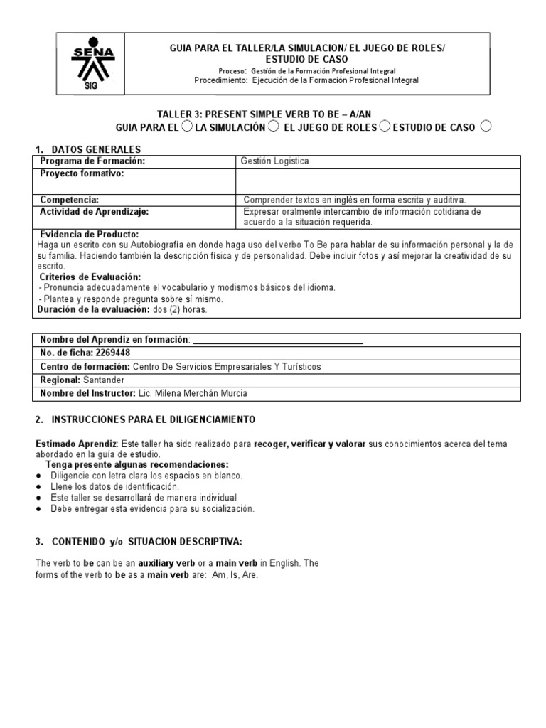 Taller Verbo To Be Pdf Evaluación Metodología