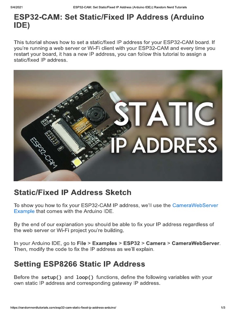 ESP32-CAM - Set Static - Fixed IP Address (Arduino IDE) - Random Nerd ... ESP32-CAM - Set Static - Fixed IP Address (Arduino IDE) - Random Nerd ...