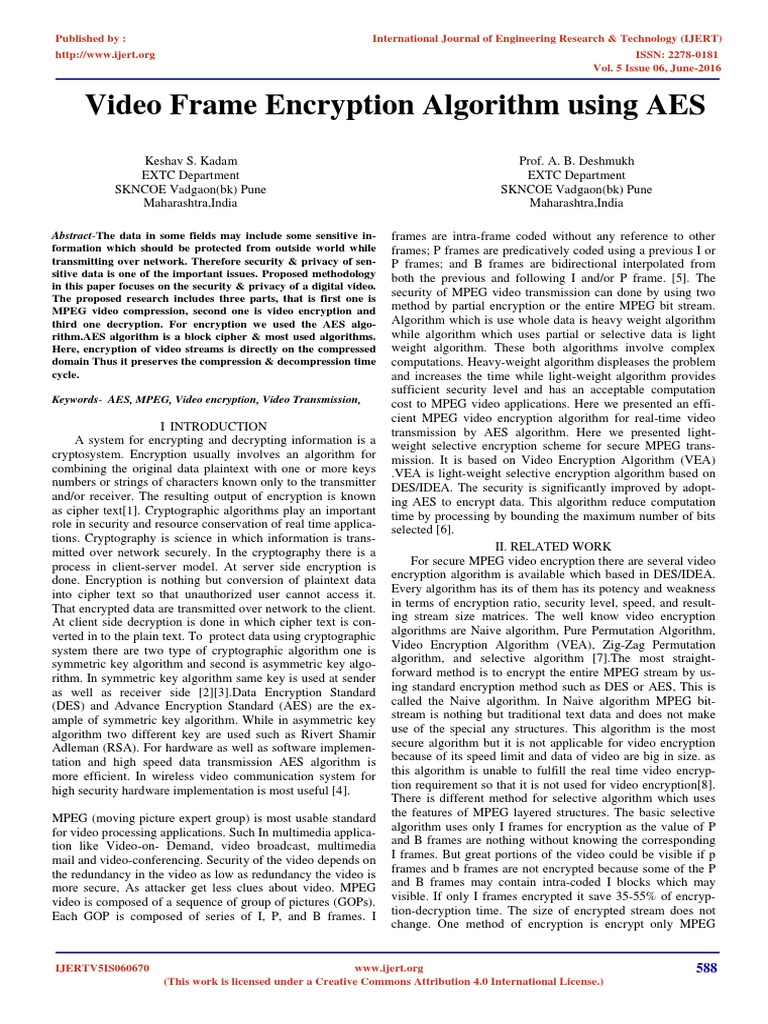 Video Frame Encryption Algorithm Using Aes IJERTV5IS060670 | PDF ...