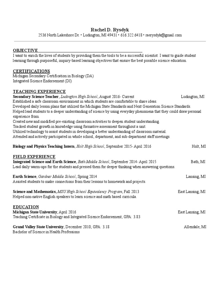 Resume Final | PDF | Michigan State University | Science Education