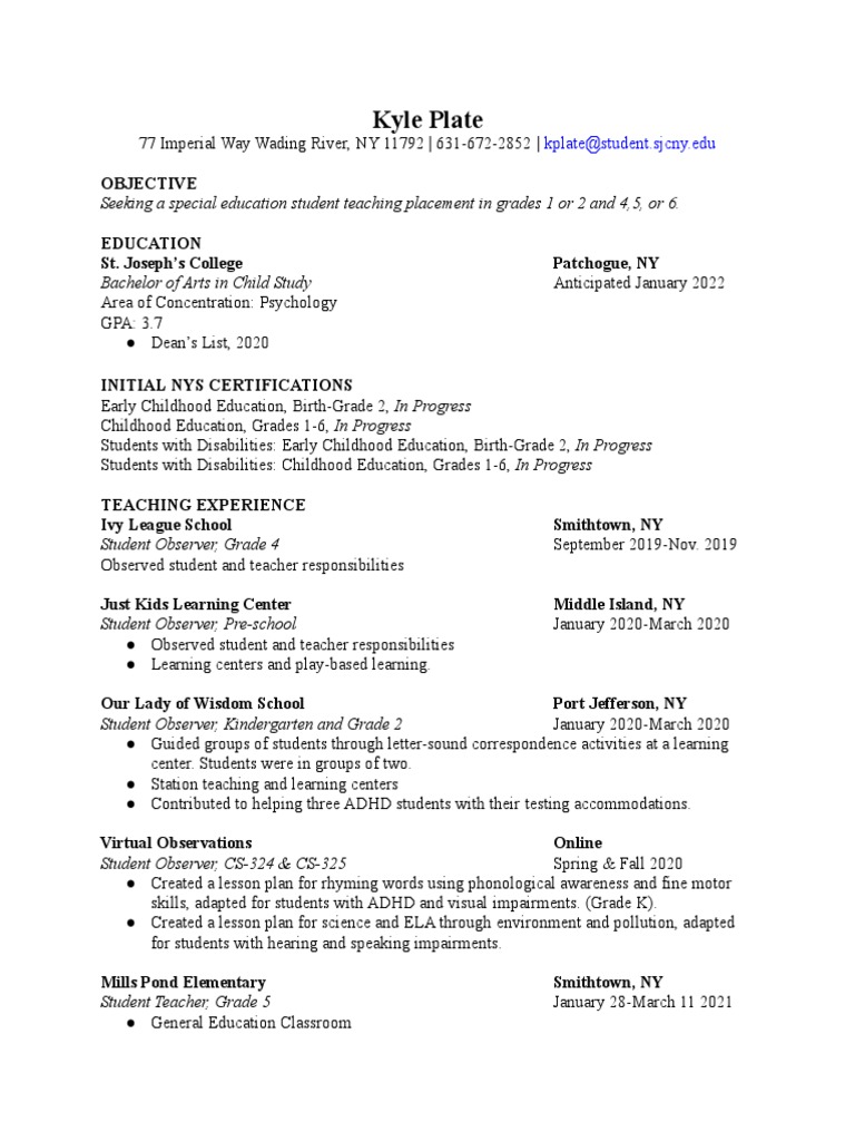 Plate Kyle Resume | PDF | Early Childhood Education | Lesson Plan