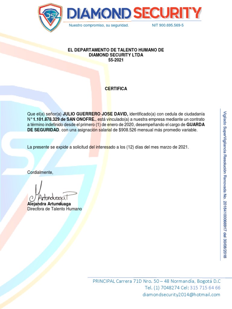 Certificado de vinculación laboral de Julio Guerrero con Diamond Security Ltda. | PDF