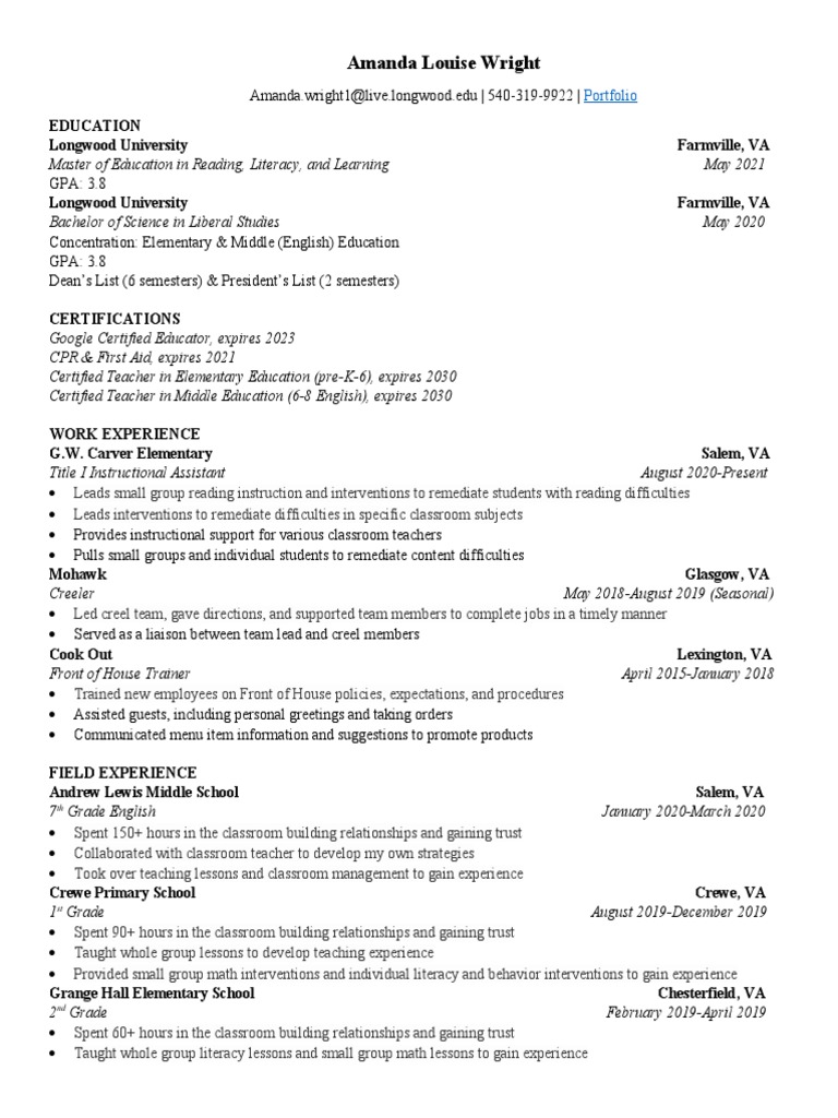 Amanda Wright Resume | PDF | Teachers | Classroom