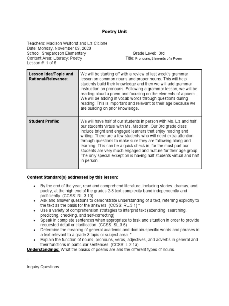 Poetry Unit: Lesson Idea/Topic and Rational/Relevance | Download Free ...