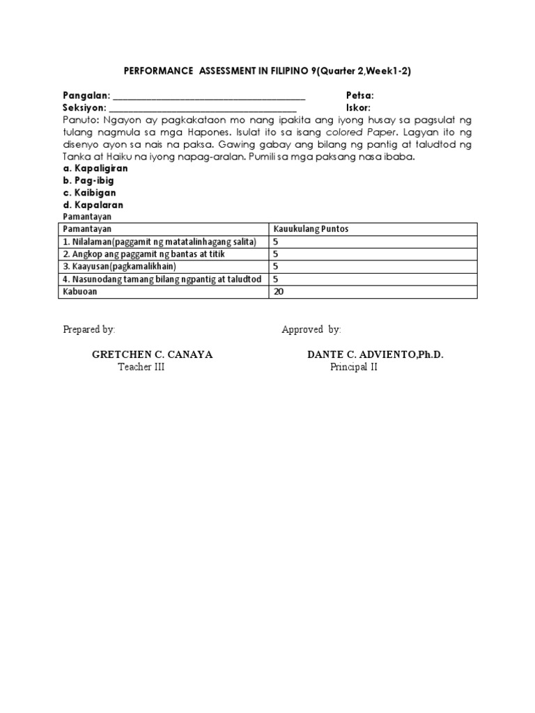 Grade 9 Filipino Performance Task Tula | PDF