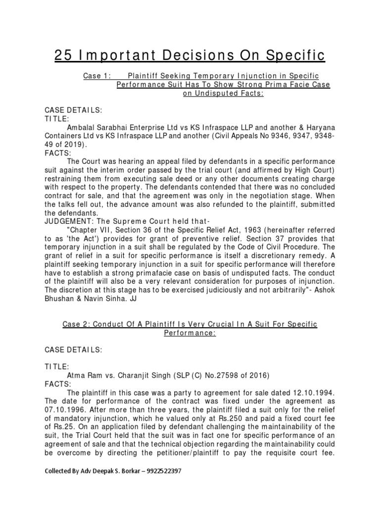 25 Important Decisions On Specific Performance of Contract | PDF ...
