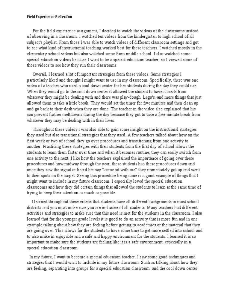 Field Experience Reflection | PDF | Classroom | Special Education