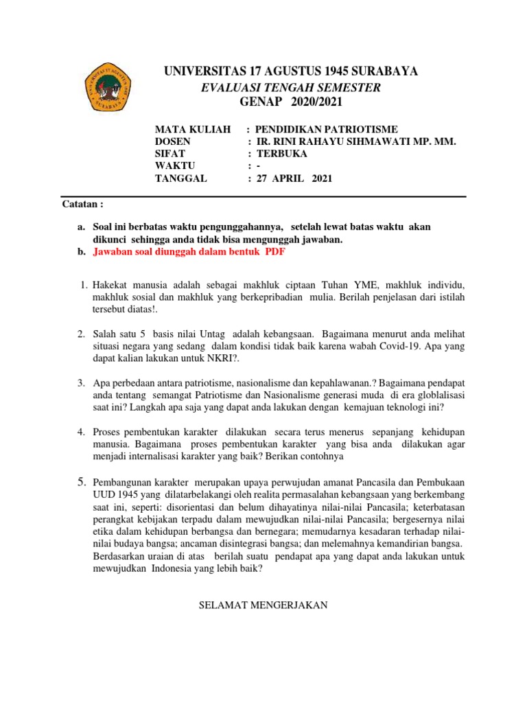 Soal Uts Pendidikan Patriotisme Genap 2021 (Klas R) | PDF
