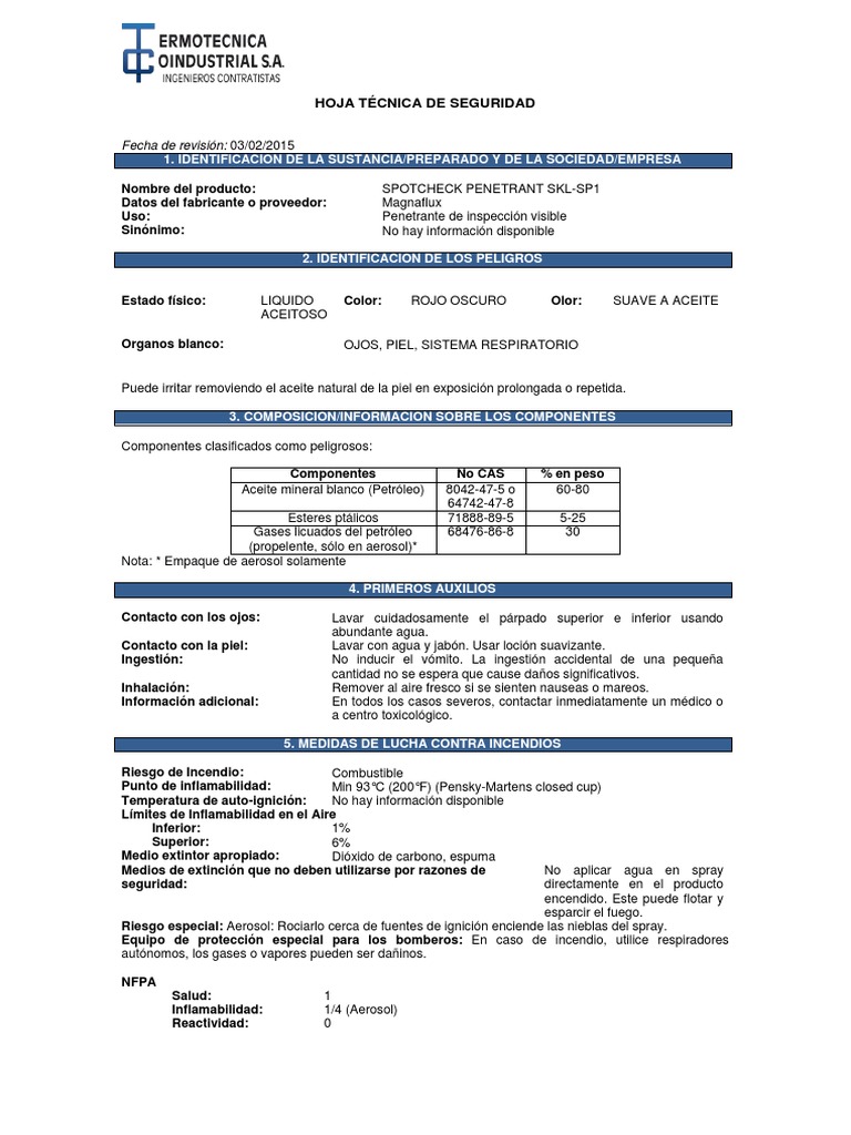 Hoja de Seguridad: Spotcheck SKL-SP1 | PDF | Aerosol | Petróleo